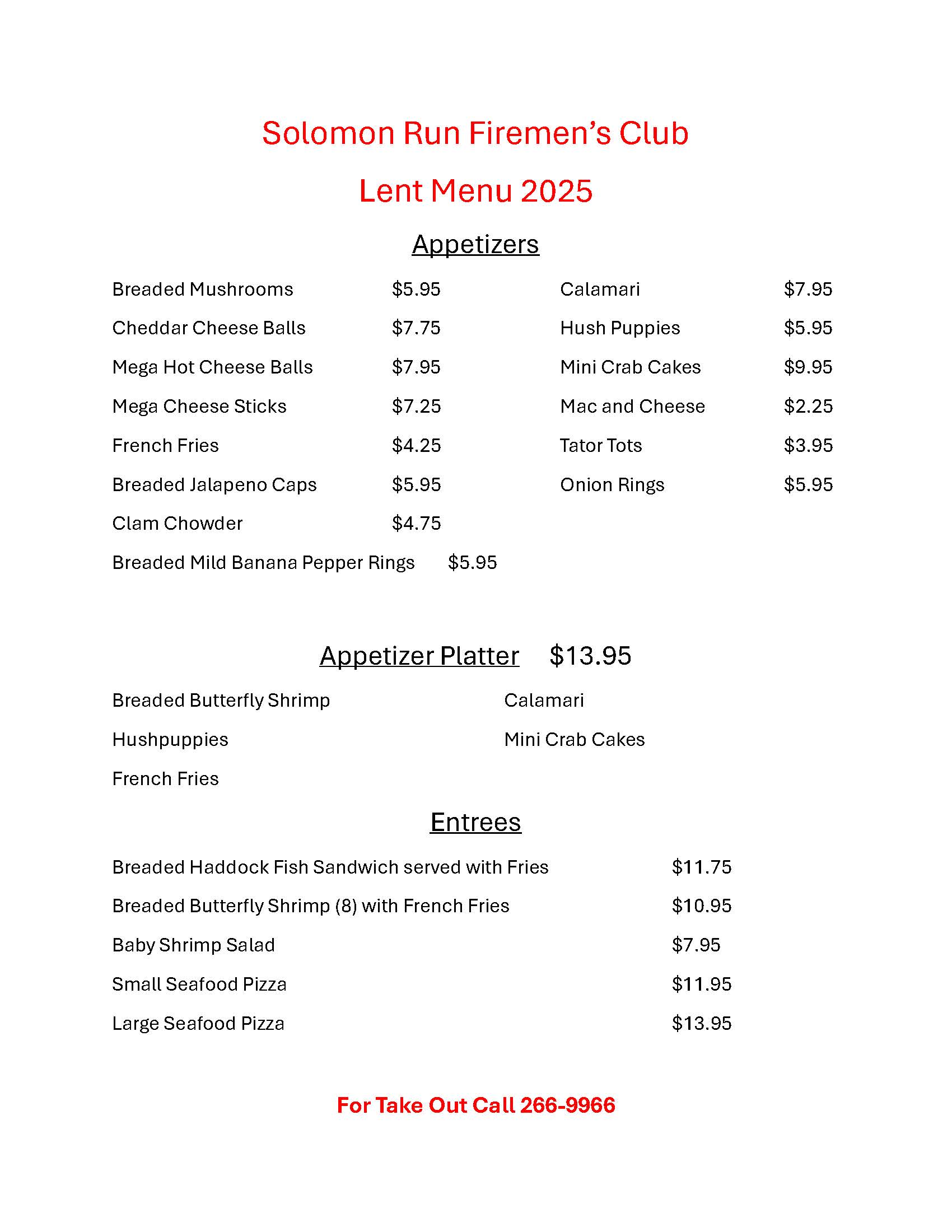 Menu – Solomon Run Firemen's Club