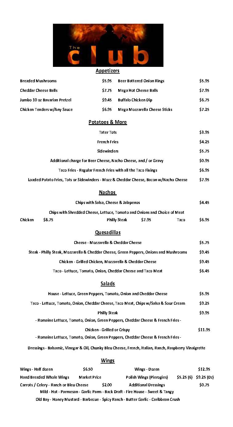 Menu – Solomon Run Firemen's Club